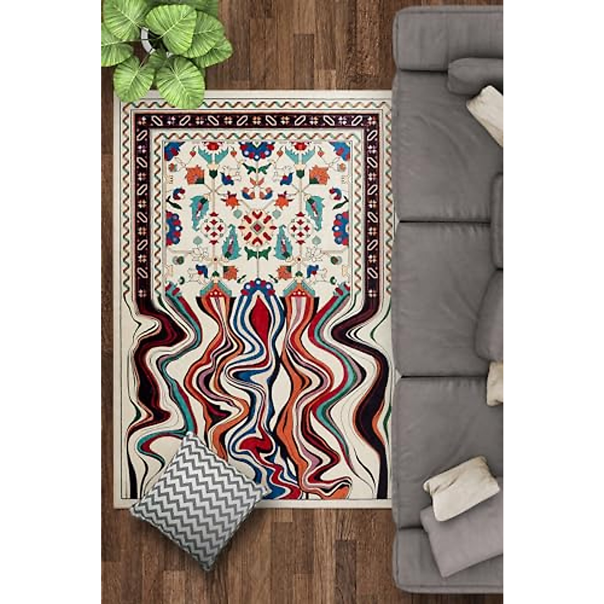 Washable Melting Retro Oriental 5x7 Area Rugs Carpet - Low Pile Thin Soft Shag Abstract Wavy Funky Tribal Traditional Antique Southwestern Rug for Bedroom Living Room Dining Room Entryway Office