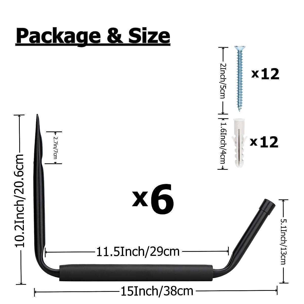 Whrsinlor Kayak Heavy Duty Storage Hooks, 15Inch Jumbo Arm Wall Mounted Canoe Storage Hanger 6 Pack Utility Organizer for Paddle Board, Surfboard, Snow Board, Wake Board