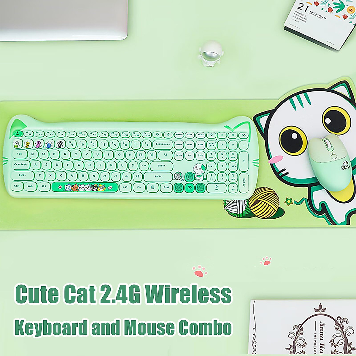 Cute Cat 2.4G USB Wireless Keyboard and Mouse Combo, Silent Keys, Candy Colors, Compatible with Notebook, PC (Pink-84Keys)
