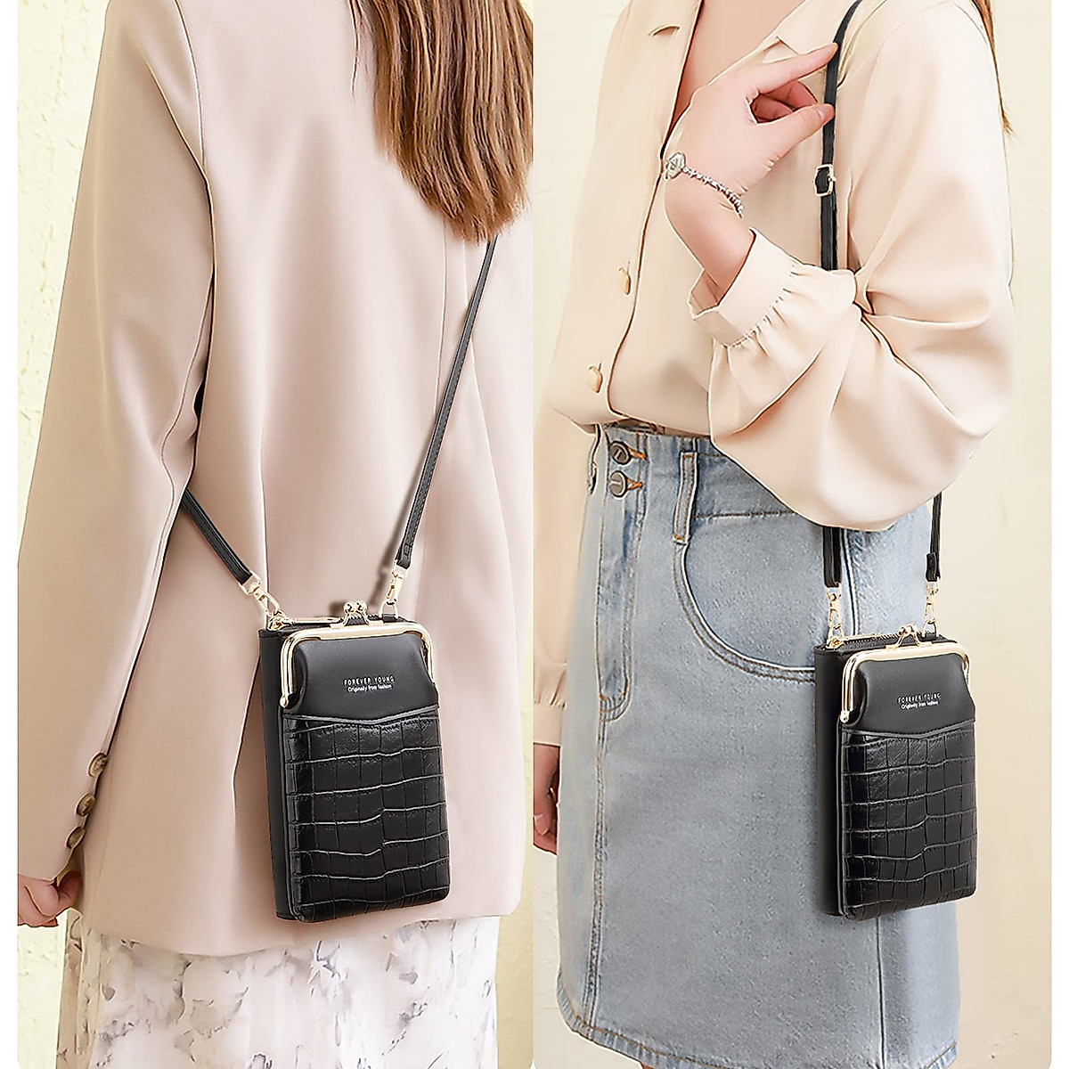 KINOUCHI Small Crossbody Cell Phone Bag for Women, Fashion Leather Shoulder Bags Travel Wallet Purse, with 6 Card Slots Adjustable Shoulder Strap