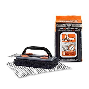 Q-Swiper BBQ Grill Cleaner Set - 1 Grill Brush with Scraper and 25 BBQ Grill Cleaning Wipes | No Bristles & Wire Free | Safe Way to Remove Grease and Grime for A Clean and Healthy Grill!