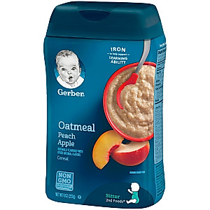 Gerber Probiotic Oatmeal and Peach Apple cereal helps expose babies to new tastes while providing essential nutrition. Gerber cereals have iron to help support learning ability as well as Calcium, Vitamins C and 6 B Vitamins for healthy growth.