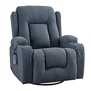 IPKIG Recliner Chair, Massage Swivel Rocker Recliner Chairs with Vibration Massage and Heat, Rocking Function, Side Pocket, 2 Cup Holders, Lumbar Pillow, Ergonomic Lounge Chair for Living Room (Blue)
