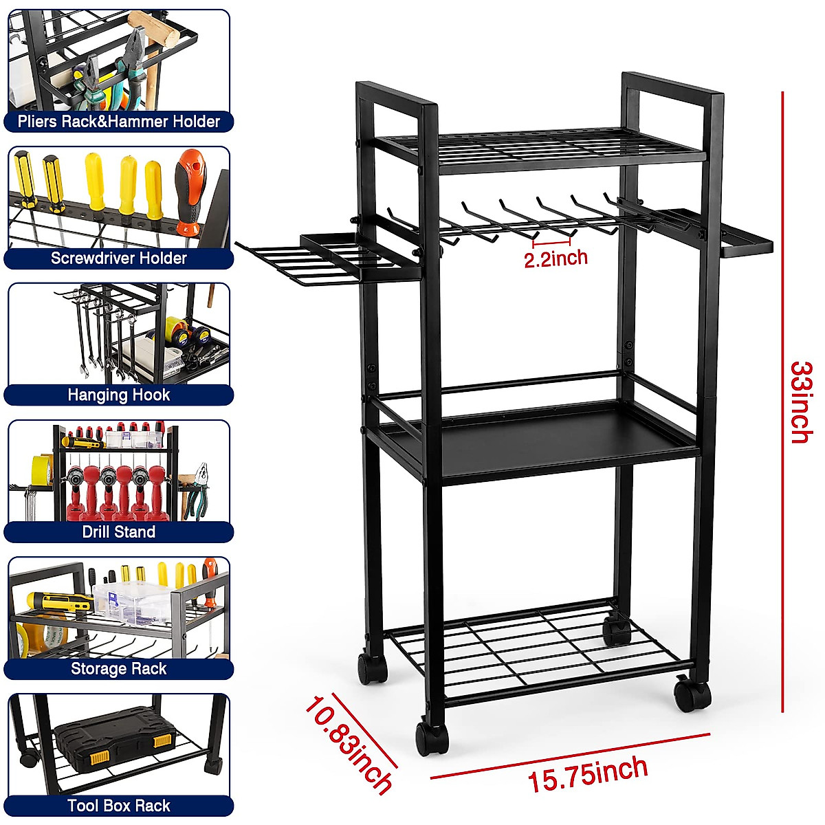 Jolensoy Tool Storage Organizer Garage Storage Organization Heavy Duty Metal Drill Holder with Wheels Rolling Tool Cart Gifts for Men Dad