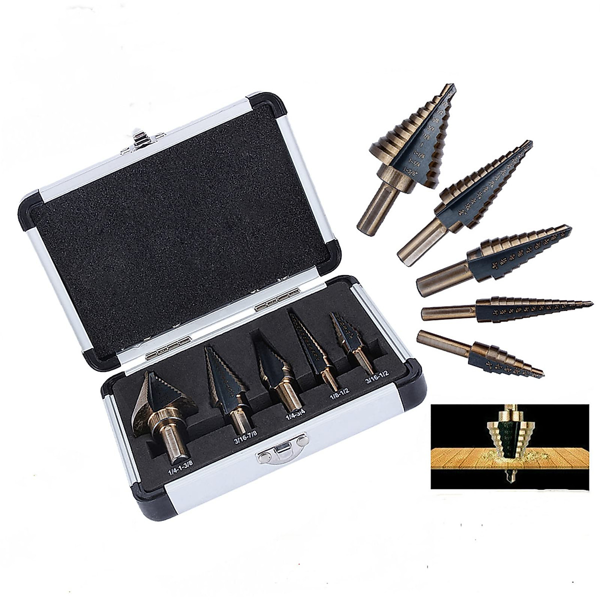 5 Pcs Step Drill Bits Set, Multiple Hole 50 High Steel Sizes Step Drill Bit Tool Set W/Aluminum Case