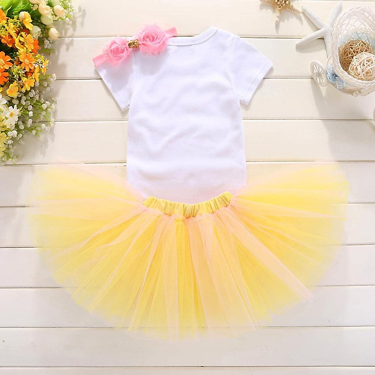 IBTOM CASTLE Baby Girls 1st Birthday Cake Smash 3pcs Outfits Set Cotton Romper bodysuit+Tutu Dress+Flower Headband Princess Skirt Clothes Yellow smile Sun One Size