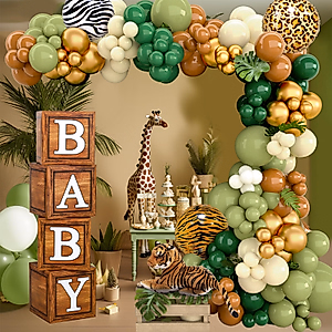 Baby Boxes Safari Baby Shower Decorations for Boy Girl, Safari Balloons Arch Kit with Wood Grain Brown Blocks with BABY Letter for Dinosaur Wild One Birthday Decorations for Boys