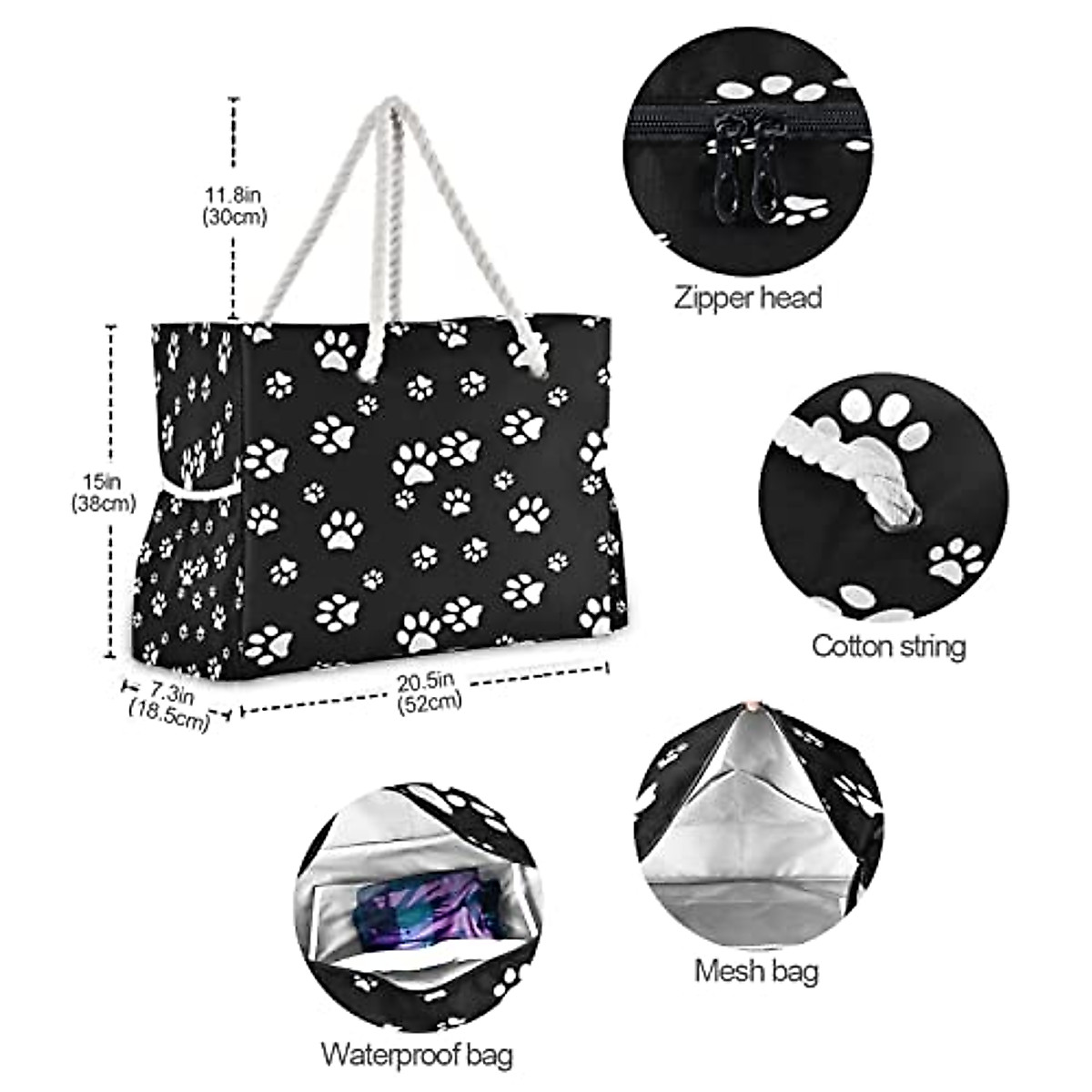 ALAZA Paw Print Footprint Black Tote Bag Beach Large Bag Rope Handles for Shopping Groceries Travel Outdoors