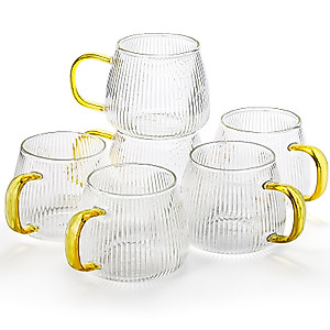AVLA 6 Pack Glass Coffee Mugs, 16 OZ Unique Vertical Stripes Coffee Cup, Clear Large Tea Glasses with Handle, Vintage Transparent Glassware for Hot/Cold Beverages, Cappuccino, Latte, Espresso, Juice