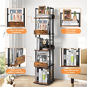 Bikoney Bookshelves 5-Tier, Rotating Bookshelf Tower for Corner, Small Bookcase, Tall Industrial Bookshelf, Narrow Bookshelf, Wood and Metal Black