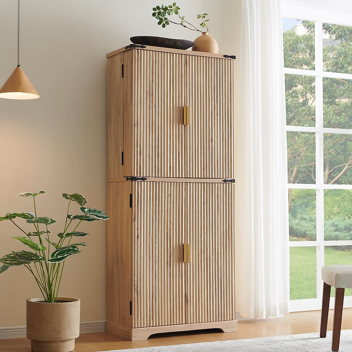 ACCOHOHO Fluted Pantry Cabinet, 72" Tall Modern Storage Cabinet with 4 Doors, Organizer, Drawer and Adjustable Shelves, Wood Cupboard for Kitchen, Dining Room, Living Room and Bathroom, Natural Oak