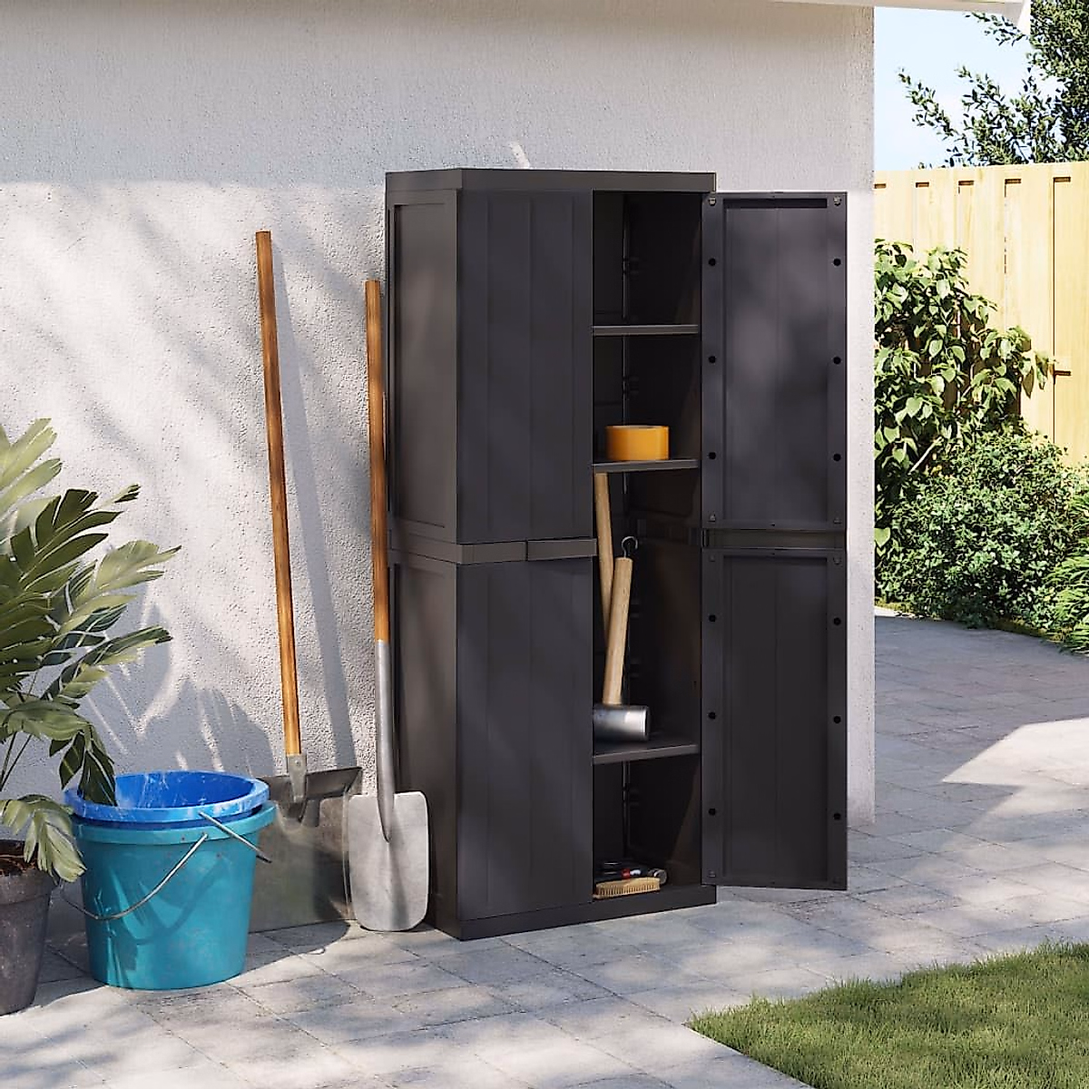 vidaXL Outdoor Storage Cabinet Black PP 25.6"x14.6"x65" - Weather-Resistant Utility Cupboard with Adjustable Shelves and Lockable Doors for Garden, Patio, and Balcony