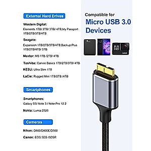 USB Micro B External Hard Drive Cable 1.5FT, Micro B USB 3.0 Cable USB A to Micro B Cord Compatible with Samsung Galaxy S5/Note 3, Seagate Hard Drive, Camera