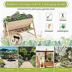 Safstar 3-Tier Vertical Garden Bed, Wooden Elevated Planter Bed with Legs, Storage Shelf, 2 Hooks, Raised Bed Kit for Flower Vegetable Herb, Outdoor Plant Box Stand for Yard Garden Balcony Planter