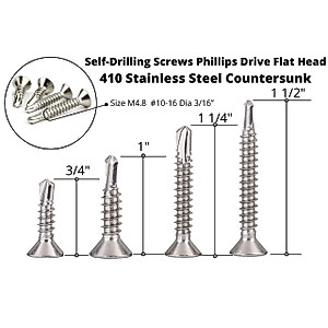 Metal Tek Screws Sheet Metal Self-Drilling Screws Phillips Drive Flat Head 410 Stainless Steel Countersunk, #3Drill Point Thread Size #10-16 Dia 3/16”(Pack 100,1 1/4")