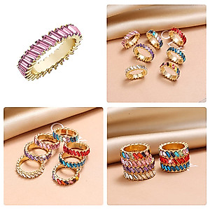 HSQYJ Rainbow Baguette Band Ring Eternity Band Cubic Zirconia Ring Gold Plated Fashion Luxury Jewelry Crystal Cocktail Rings for Women Gift