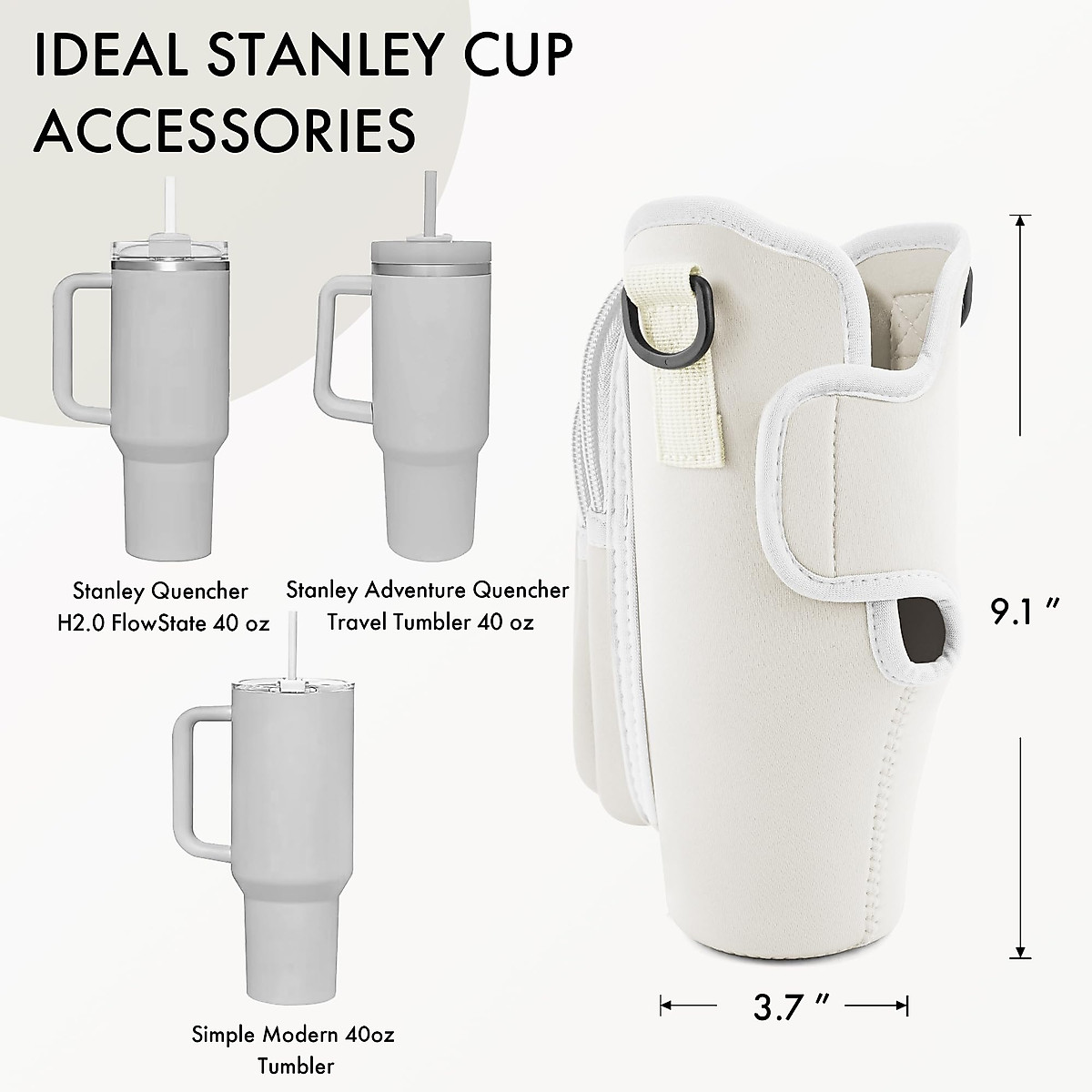 JEBEALUO Water Bottle Carrier Bag with Phone Pocket for Stanley Cup 40/30 oz, Water Bottle Holder with Adjustable Strap& Straw Cover, Stanley Cup Accessories (White)