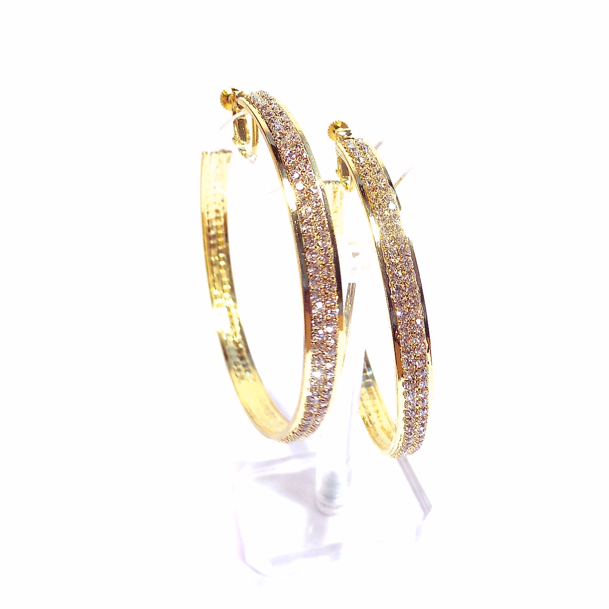 Clip-on Earrings Gold Tone Double Crystal Hoop Earrings 3 Inch Clip Hoop Earrings for Non Pierced Ears