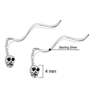 AeraVida Tiny Skull Chain Threader Spiral Halloween Sterling Silver Earrings, 0.11x0.15 inch
