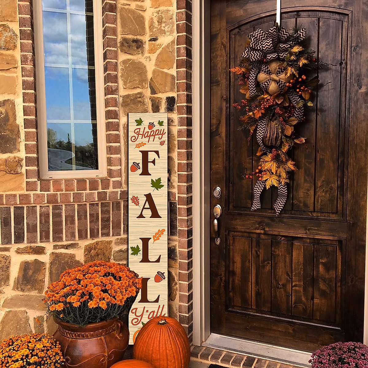 Happy Fall Sign Autumn Front Door Hanging Decor Welcome Sign Wooden Vertical Indoor Outdoor Standing Sign For Garden Home Yard Farmhouse Porch 47.2 x 7.8 Inch