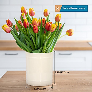 Sanbege Ceramic Utensil Crock with Ice Crack Pattern, 6.8" Large Kitchenware Caddy, Utility Utensil Holder for Cooking Tools, Makeup Brushes, Flowers, Wine Bucket (Cream White)