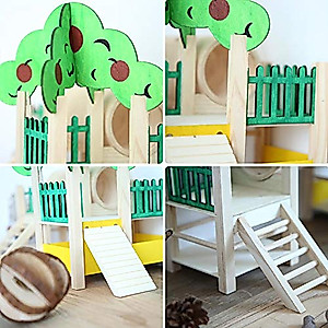 Hamster Houses and Hideouts, Rat Playground Activity Platform Villa with Tube Tunnel Climbing Ladder Natural Wooden Toys Fences and Roofs for Dwarf Mouse, Gerbil,Sugar Glider or Other Small Animals