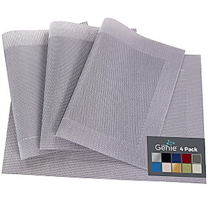 Home Genie Heat Resistant Placemats, Dining Room Table Mats, Protect Surfaces, Woven Placemat Setting for Dinner, Washable Vinyl Food Grade Mat, Kitchen Decor Accessories, Set of 4, Size 18x12, Silver