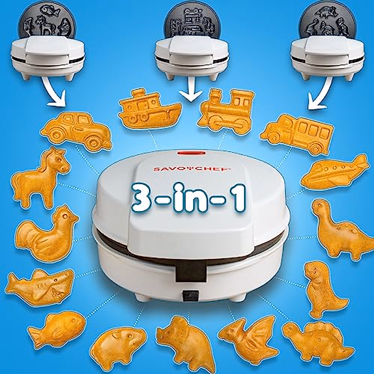 15 Mini Waffle Maker with Detachable Sets - Pancake Maker for Kids - Set Includes 5 Cars, 5 Animals, and 5 Dinosaurs - Non-stick Easy to Clean