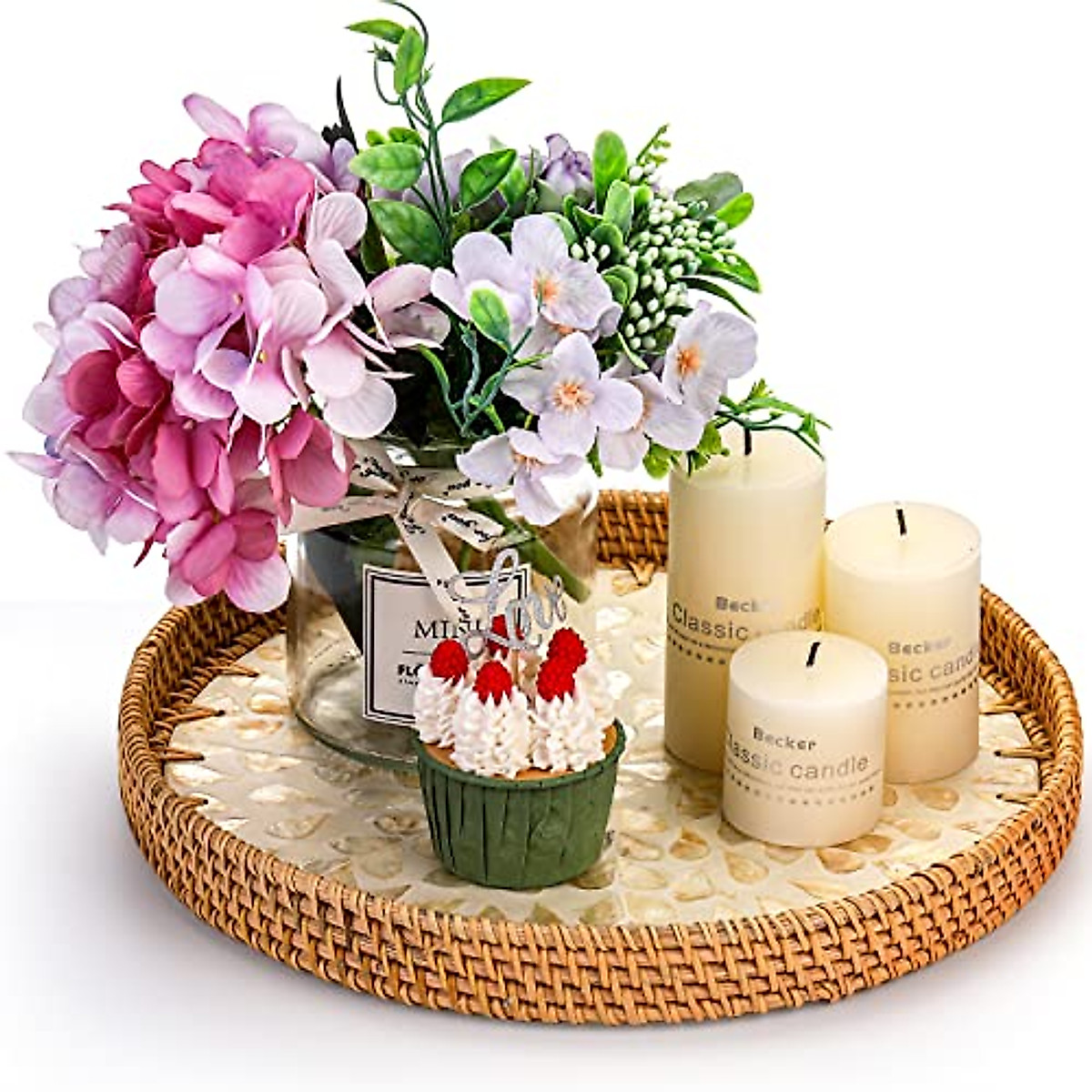 Frcctre 2 Pack Round Rattan Serving Tray with Mother of Pearl Inlay Wooden Base, Decorative Wicker Baskets Woven Serving Tray for Bread Fruit Food Coffee Breakfast, Storage and Display, 2 Sizes