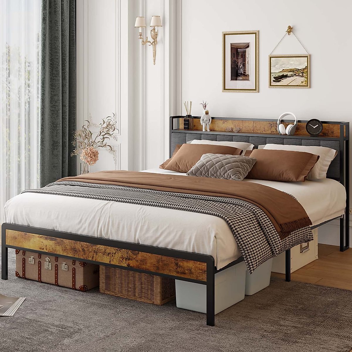 Gizoon Full Platform Bed Frame, Metal Bed Frame with Storage Headboard, Sturdy and Stable, Noise Free, No Box Spring Needed, Easy Assembly