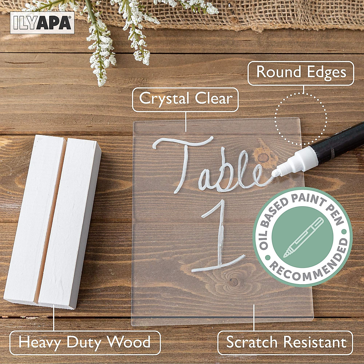 Ilyapa Acrylic Sign Holders with White Wood Stands, 8 Pack - Small 5x6 Inch Blank Table Numbers Set for Wedding