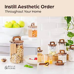 BELLE TERRE Premium Glass Jar Set - 6 Canisters with Airtight Natural Acacia Lids, Custom Labels & Spoons - Food Storage Containers & Pantry Organization - 17oz, 25oz, 34oz - Transparent, Durable