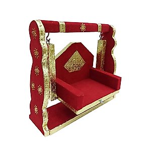 Ashoka Stores Laddu Gopal Jhula Wooden Swing Lord Ganesha Jhula for Mandir Thakurji, Krishana Bal Gopal Palana (7x3x6-Inches, Golden & Red)