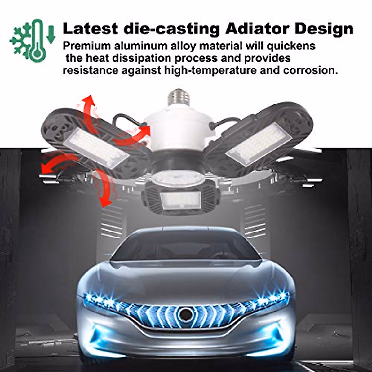 OOOLED LED Garage Lights 2 Pack, 100W Garage Light, Deformable LED Garage Ceiling Lights Supporting E26/E27 Base, 12500LM 6500K Cold White, LED Lights for Garage, Warehouse, Workshop, Basement