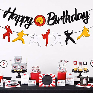 Karate Birthday Banner Taekwondo Themed Happy Birthday Decorations for Men Women Kids Boy Girl Bday Party Decorations Black Glitter Supplies