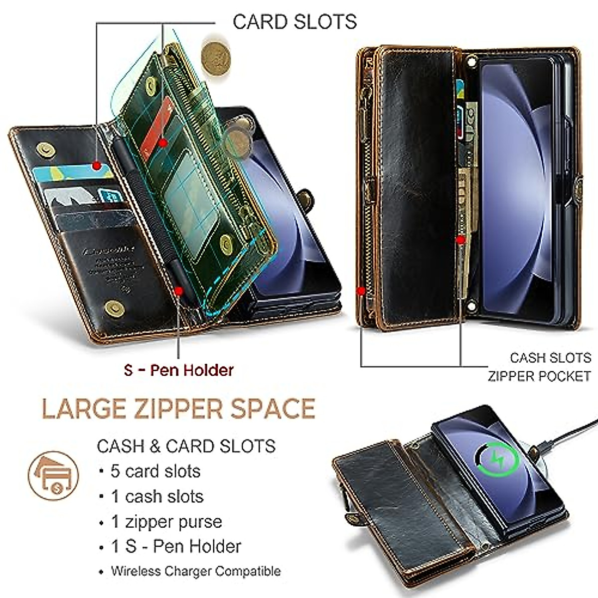 ASAPDOS Wallet Case Compatible with Samsung Galaxy Z Fold 5 with S Pen Holder,PU Leather Strap Wristlet Flip Case with Magnetic Closure[S-Pen Fully Compatible],Card Holder and Kickstand Coffee