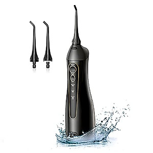 Water Flosser, Cordless Portable Electric Water Flosser for Teeth , 3 Modes and 2 Jet Tips , IPX7 Waterproof, Rechargeable Water Flosser Pick , No Adapter for 21-Days Use , Water Floss (Black)