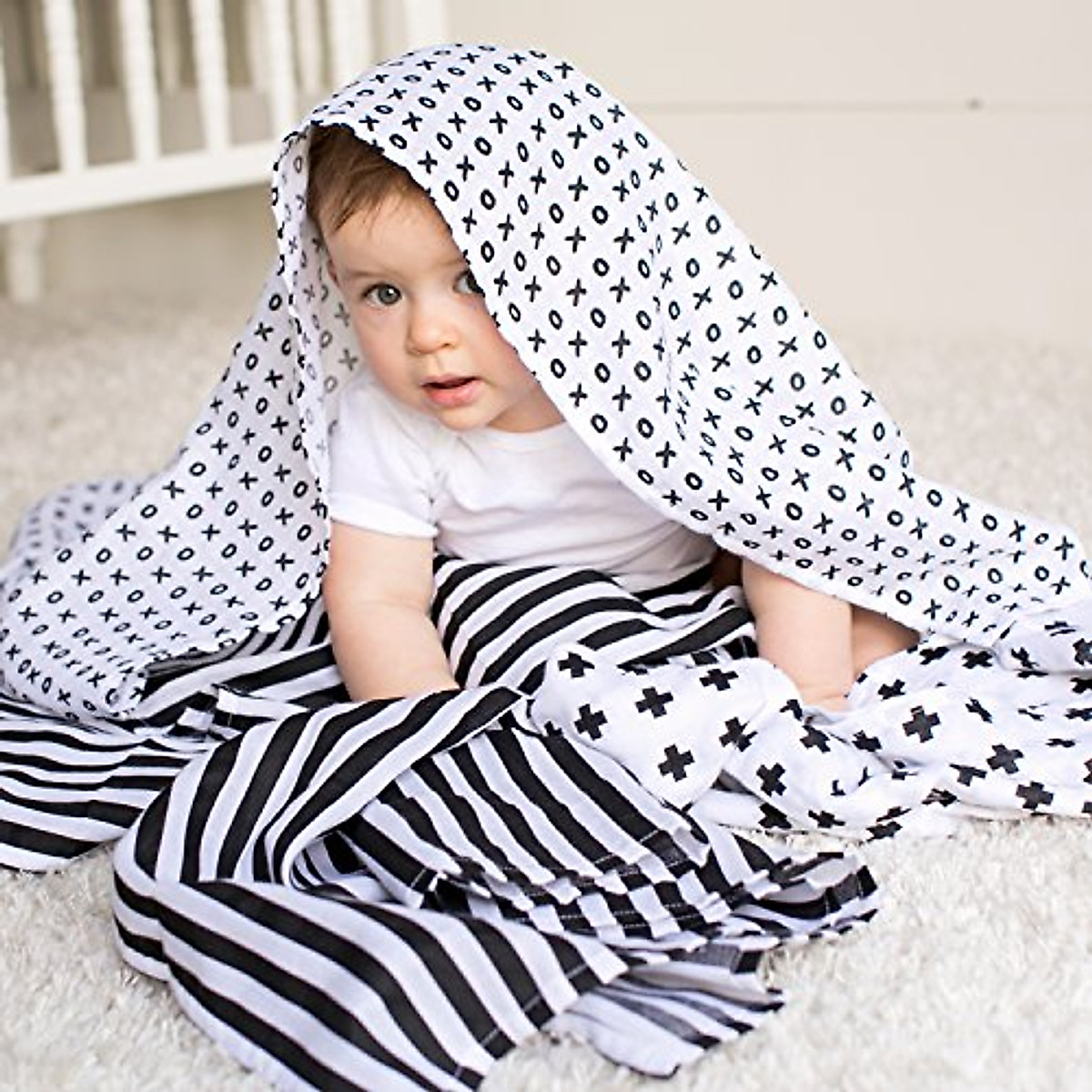 Muslin Baby Swaddle Blankets, 47x47 (3 Pack) Black, White, XO, Stripe, Cross