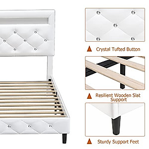 Modern Upholstered Platform Bed Frame with LED Headboard, Faux Leather Low Profile Platform Bed Frame, Strong Wood Slat Support, Adjustable Upholstered Headboard, Easy Assembly, White, Queen Size