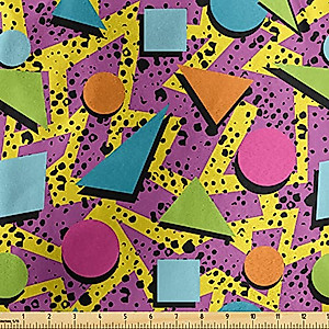 Lunarable Colorful Fabric by The Yard, Vibrant Colored Vintage Memphis Pattern in Eighties Fashion Funky Hipster Art, Decorative Satin Fabric for Home Textiles and Crafts, 1 Yards, Purple Yellow