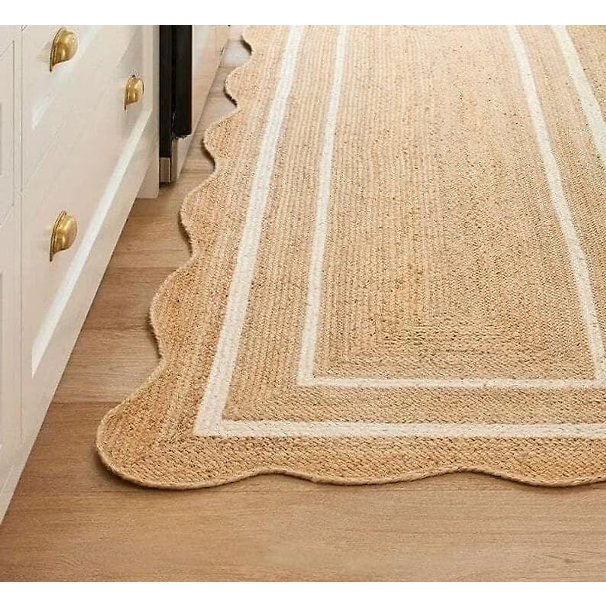 CRAFTED CREATION Scalloped Natural Runner Rug, Bohemian Scallop Rug, Natural Jute Rug,Scalloped Natural Jute Rug Boho Jute Rug Entryway Runner Rug Farmhouse, Off White (2'x6')