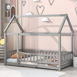 i-POOK Twin Size House Bed Wooden Floor Bed with Roof and Fence Guardrails Montessori Bed Playhouse Bed for Children Girls and Boys, Gray(No Bed Slats)