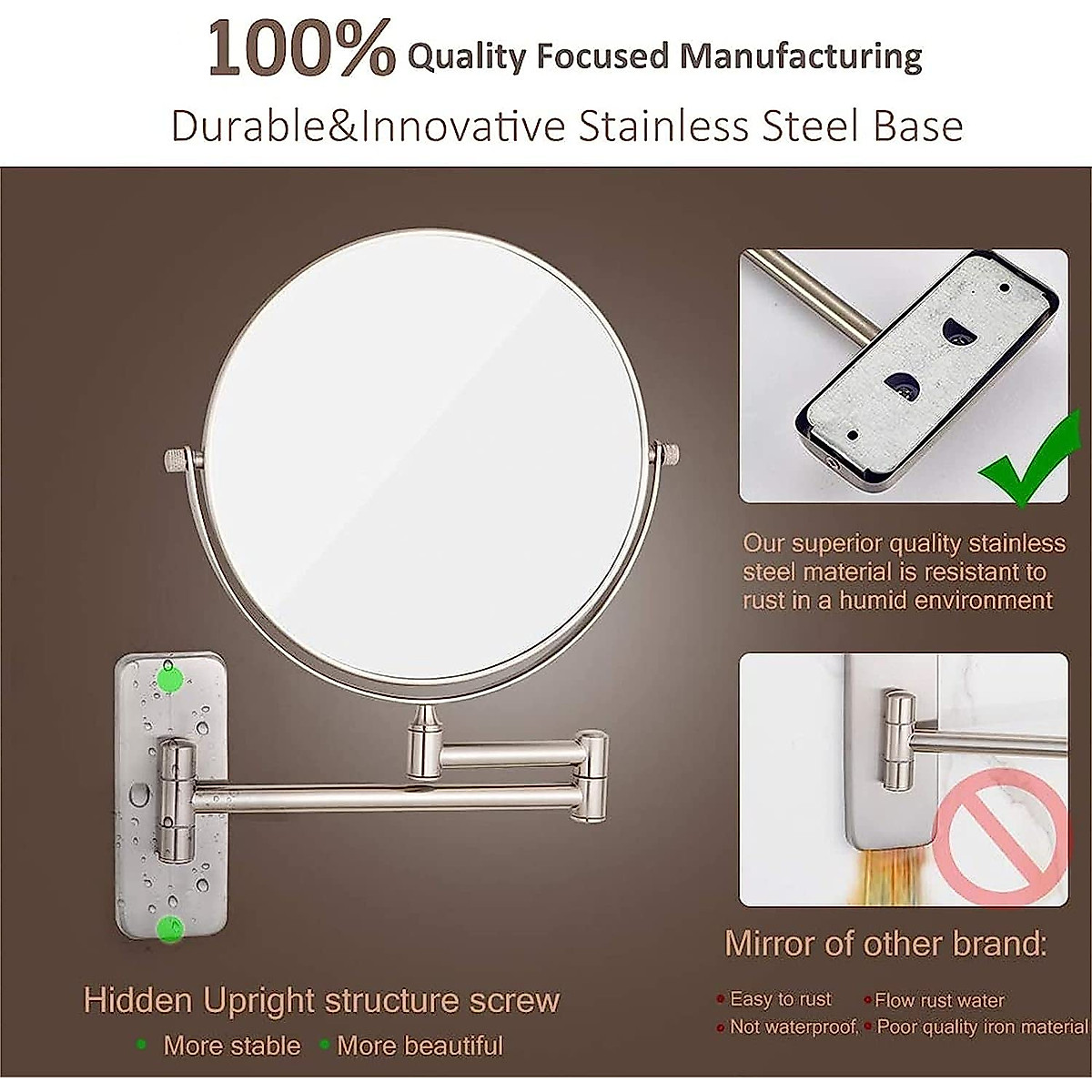 Ci Hua Bathroom MirrorWall, Wall Mounted Makeup Mirror, 8 inch Nickel Finish Rotatable Magnifying Shaving Mirror, Extendable Folding Cosmetic Bathroom Vanity Mirrors