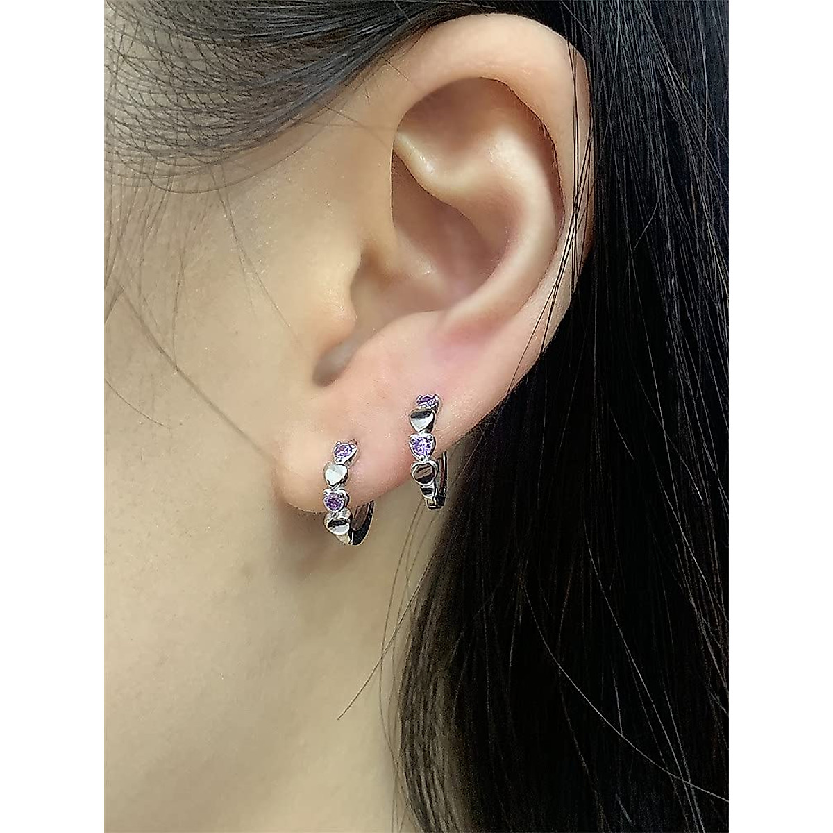 Double Love Heart Cubic Zirconia Small Hoop Earrings for Women Teen Girls 925 Sterling Silver Tiny Cute Huggie Hoops Cartilage Hypoallergenic for Sensitive Ear Birthstone Valentine Easter Mother's Day Jewelry Gifts for Her Amethyst