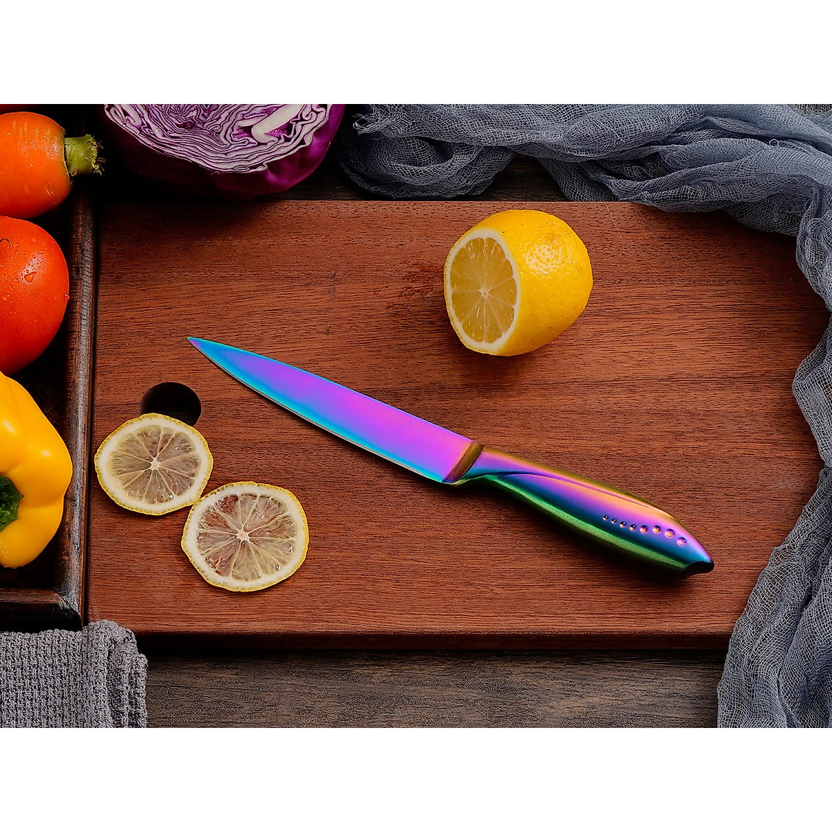 WELLSTAR Rainbow Kitchen Utility Knife 5 Inch, Super Sharp Fine Edge Fruit Vegetable Slicing Knife with German Stainless Steel Forged Blade and Titanium Coating – Small Multipurpose Knife