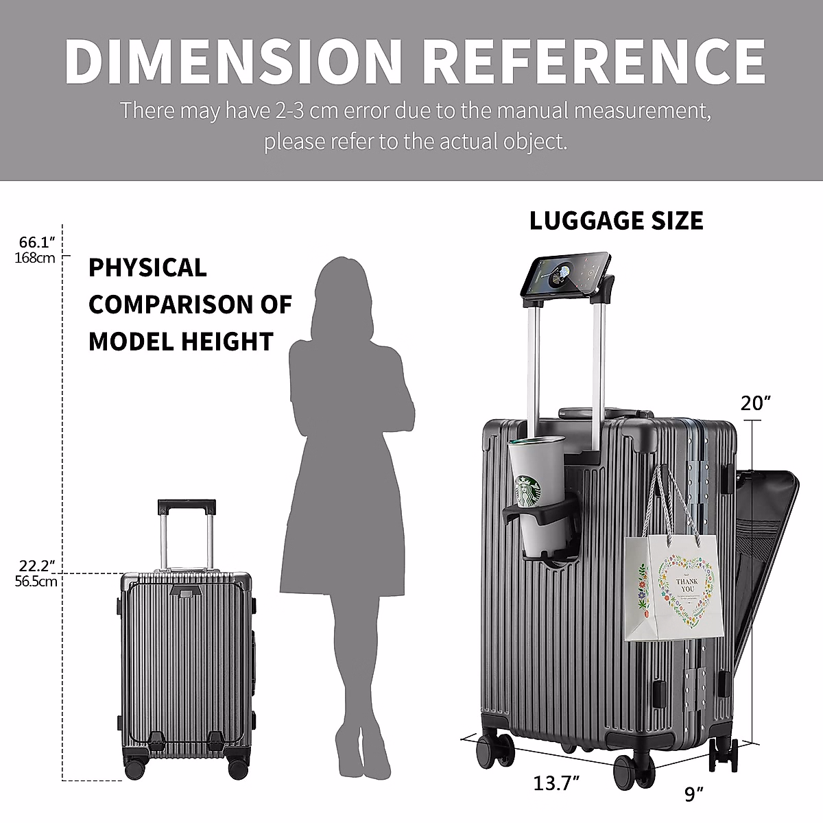 CAARANY Versatile Aluminum Frame Carry-On Luggage with USB Charging Port, Front Compartment, TSA Lock, Airline Approved Carry On Hardside Suitcase with Spinner Wheels (Grey, 20inch)