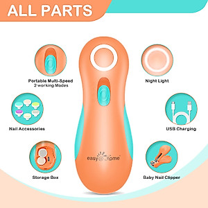 Electric Baby Nail File Trimmer: Easy@Home Safe Nail Clippers Kit - Baby Nail Clippers with 6 Grinding Heads and LED Light for Newborn Toddler Kids or Adults | Fingernails Care Trim ENT019