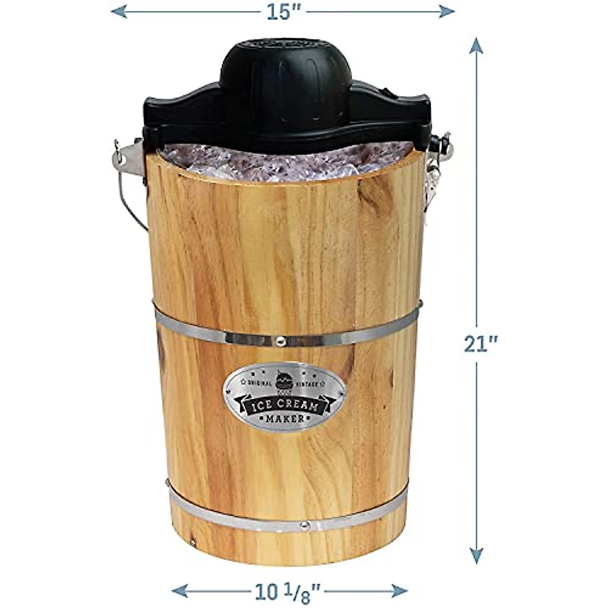 Elite Gourmet EIM916# Old Fashioned 6 Quart Vintage Wood Bucket Electric Ice Cream Maker Machine, *Bonus Classic Die-Cast Hand Crank for Churning, Uses Ice & Rock Salt Churn Ice Cream in Minutes, Pine