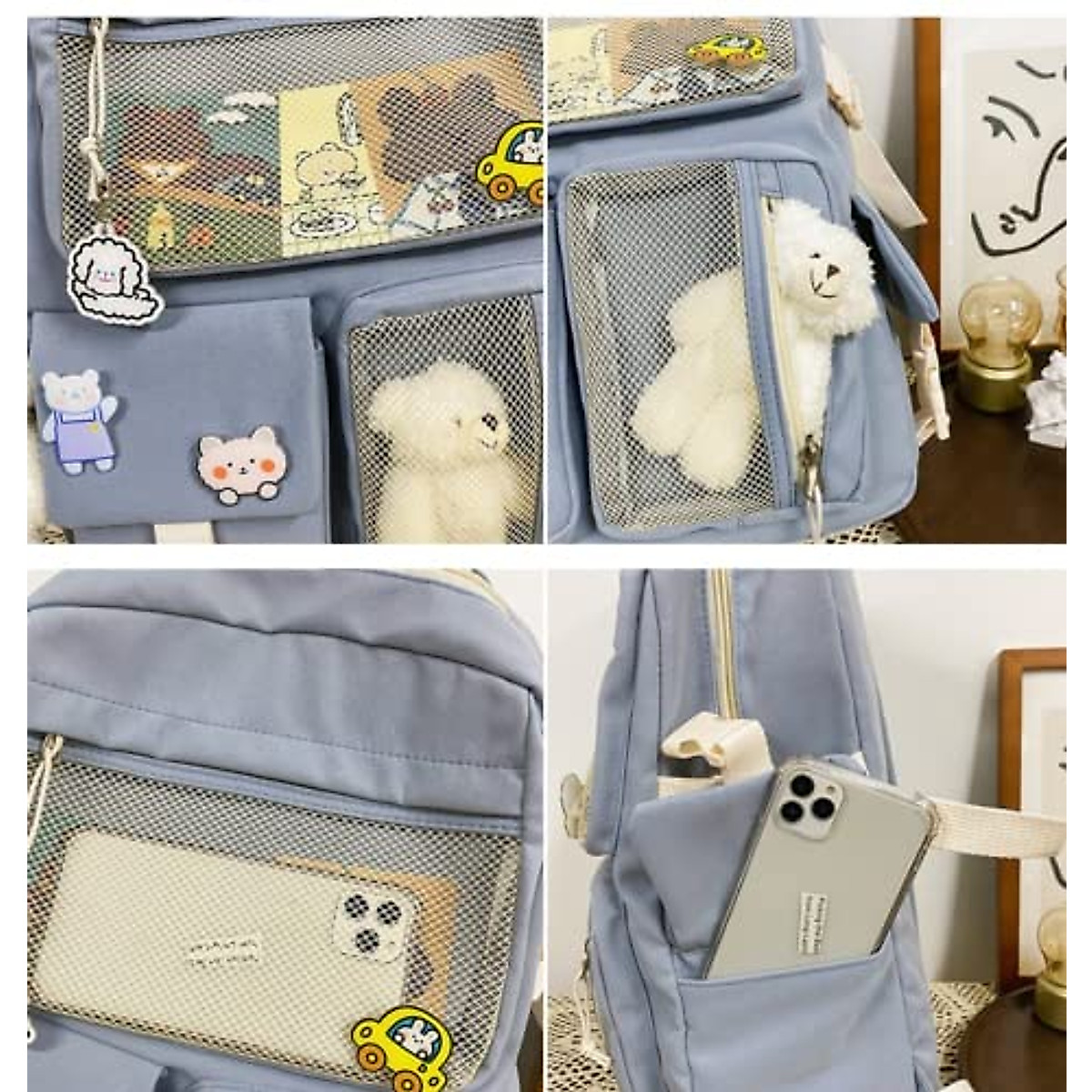 RRRWEI Kawaii backpack with pins and plush bear pendant cute backpack solid color backpack aesthetic backpack for teen girls (black)