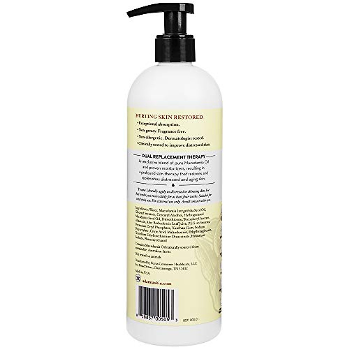 Adamia Therapeutic Repair Lotion with Macadamia Nut Oil and Promega-7, 16 Fl Oz Bottle- Fragrance Free, Paraben Free, Non GMO, White